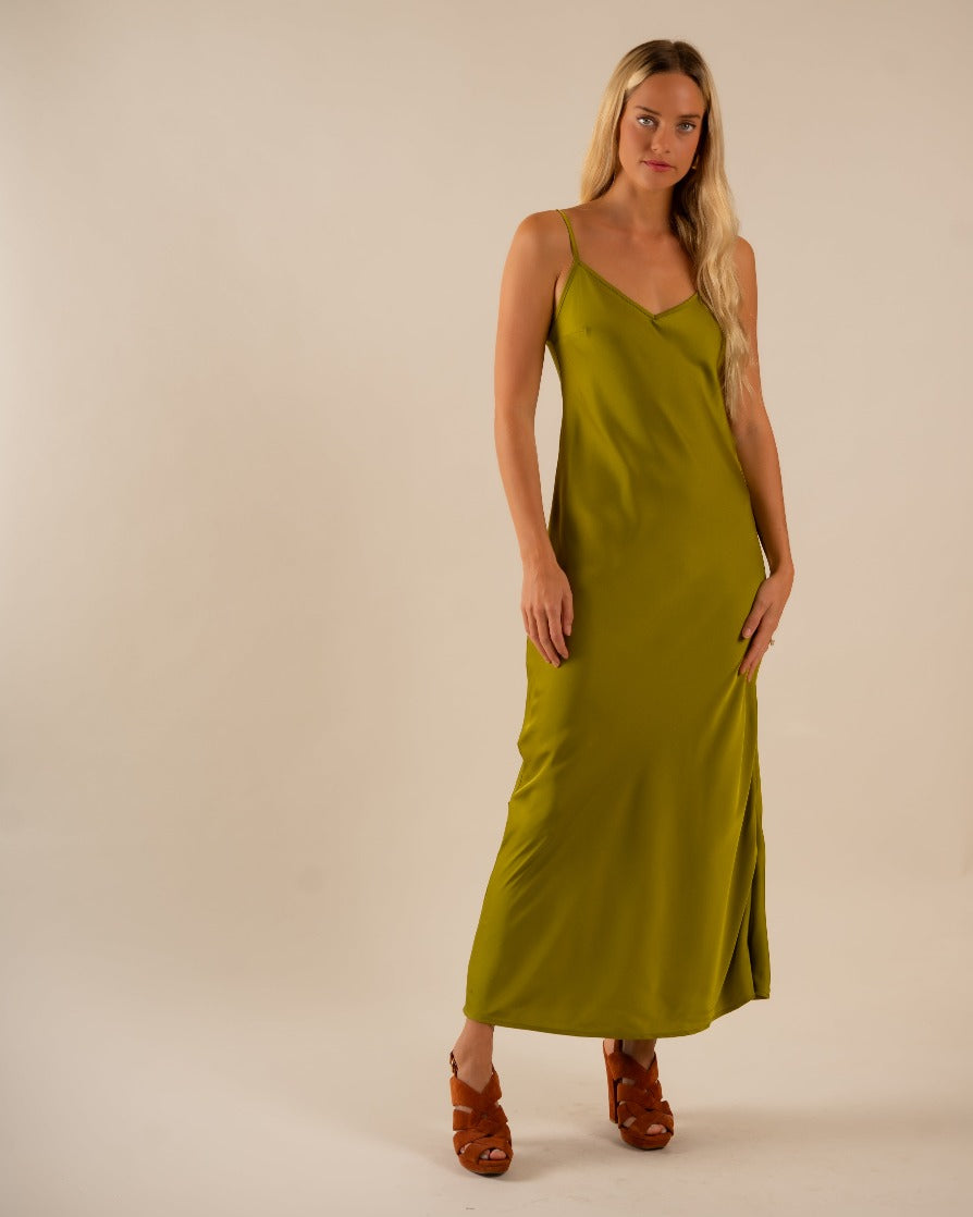 Women's Cactus Green Satin Slip Dress - Adjustable Slit – Care Tucker